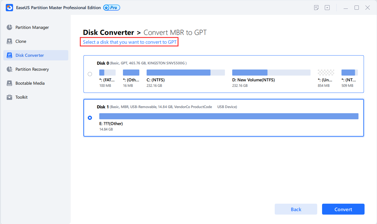 Interconvert MBR Disk and GPT Disk using EaseUS Partition Master
